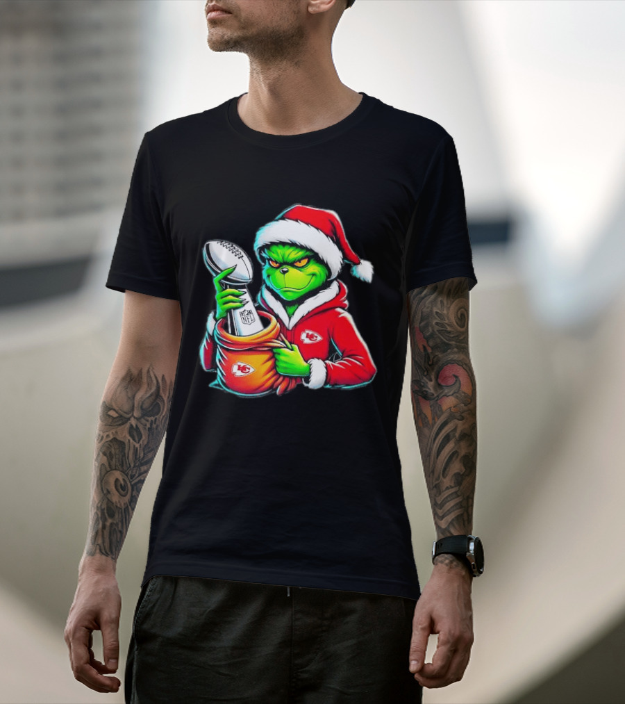 Kansas City Chiefs Grinch Christmas Holiday NFL Trophy Santa Hat T-Shirt