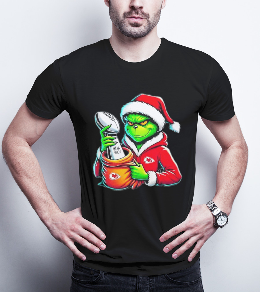 Kansas City Chiefs Grinch Christmas Holiday NFL Trophy Santa Hat T-Shirt