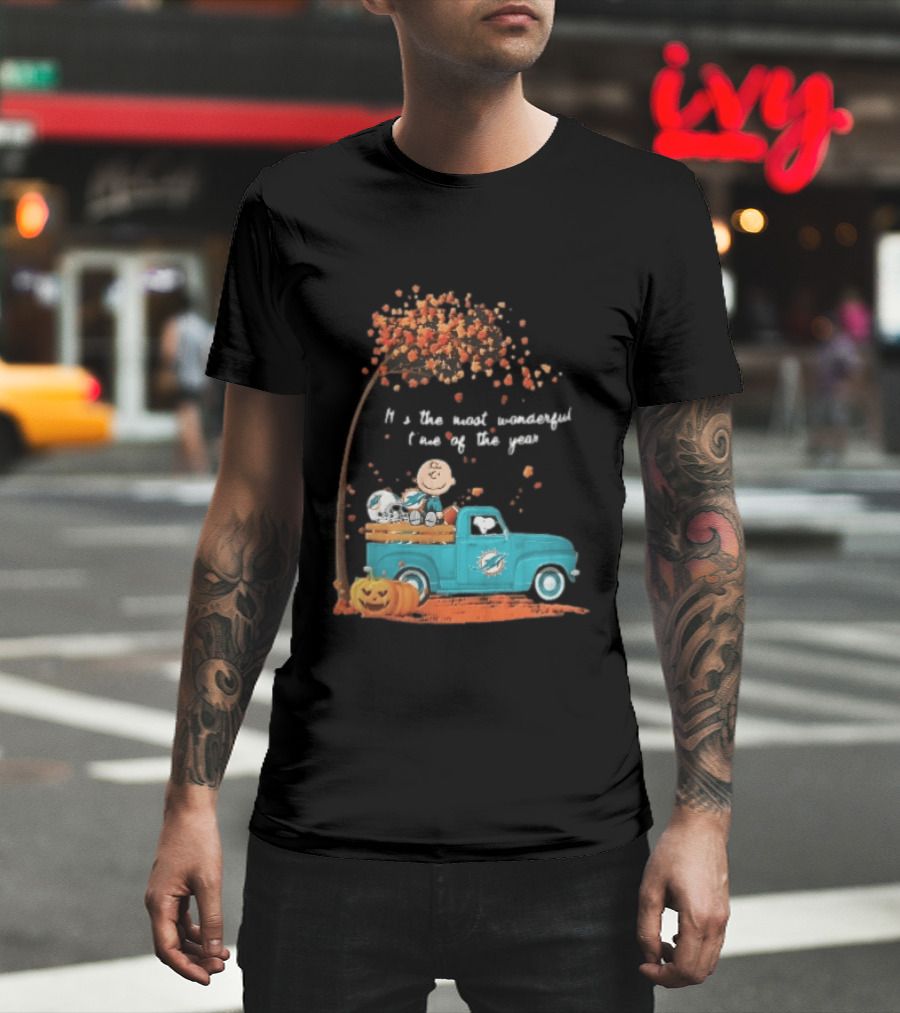 Miami Dolphins Charlie Brown Snoopy Pickup Truck Pumpkins Most Wonderful Time Of Year T-Shirt