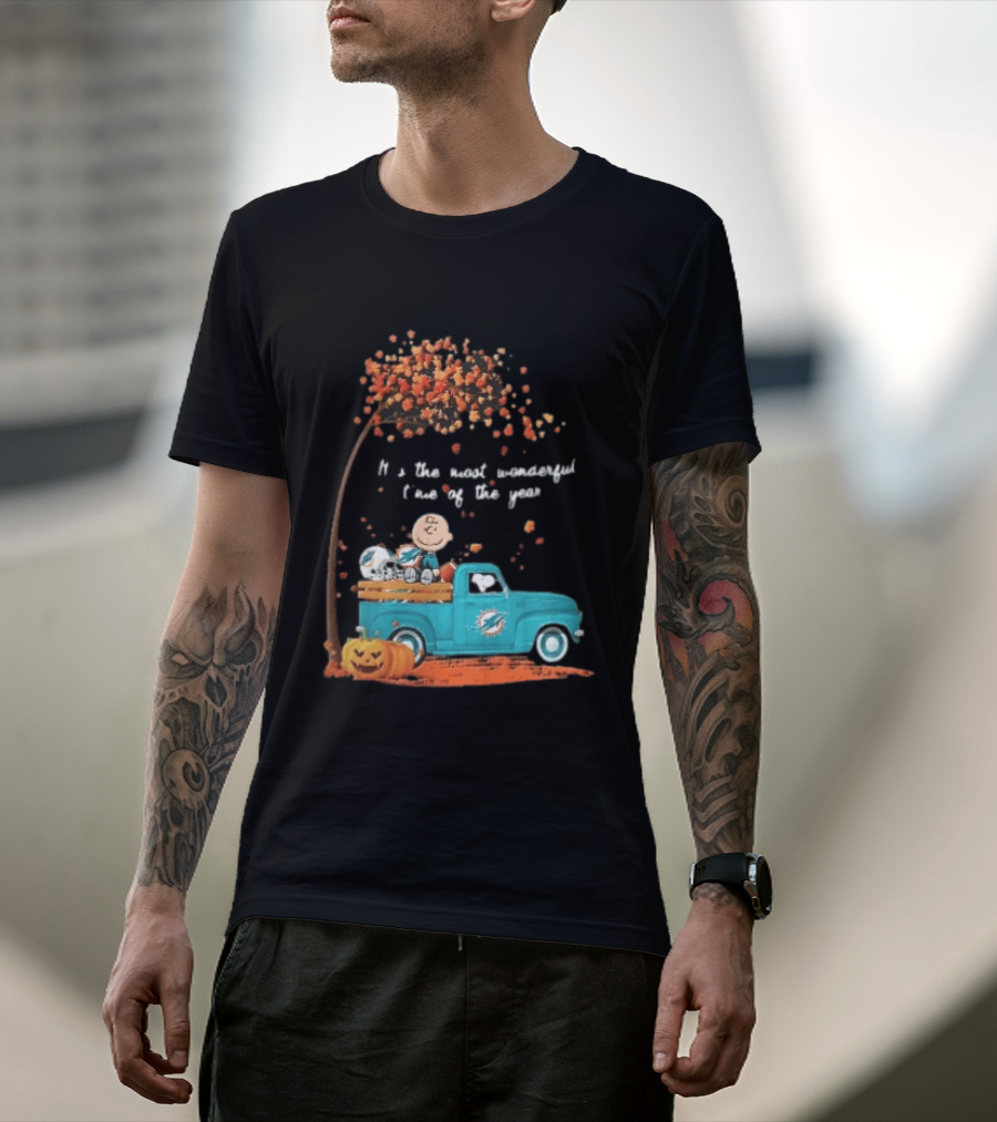 Miami Dolphins Charlie Brown Snoopy Pickup Truck Pumpkins Most Wonderful Time Of Year T-Shirt