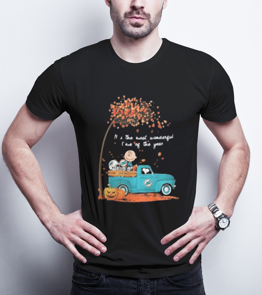 Miami Dolphins Charlie Brown Snoopy Pickup Truck Pumpkins Most Wonderful Time Of Year T-Shirt