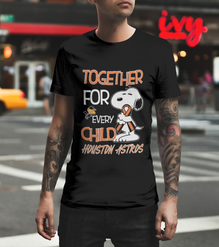Together For Every Child Houston Astros Snoopy Woodstock Orange Ribbon MLB T-Shirt