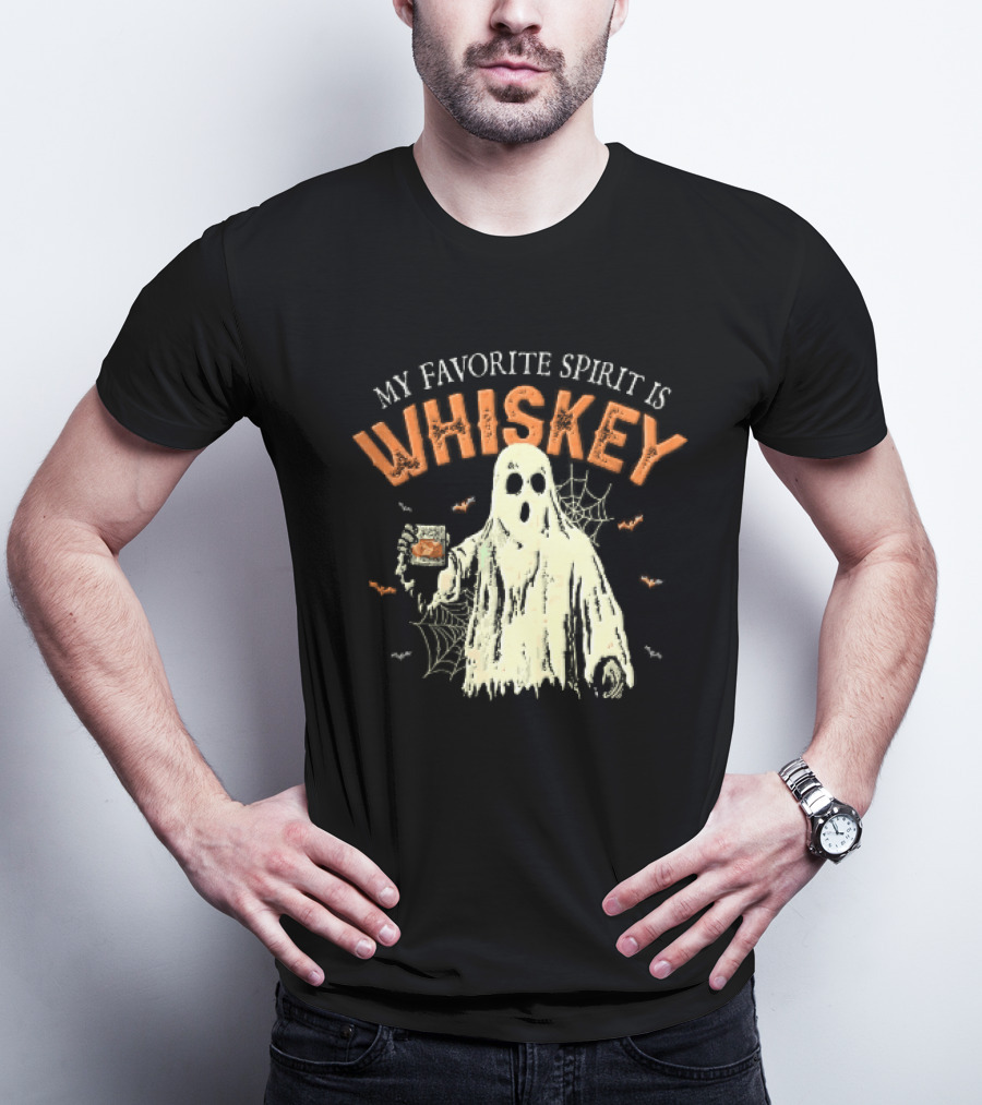 My Favorite Spirit Is Whiskey Ghost Holding Glass Bats Cobwebs Distressed T-Shirt