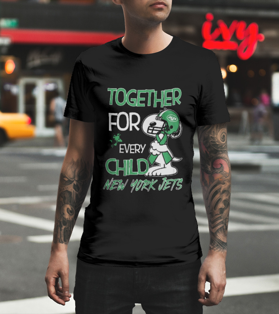 New York Jets Snoopy Woodstock Together For Every Child Football Helmet Green Ribbon T-Shirt