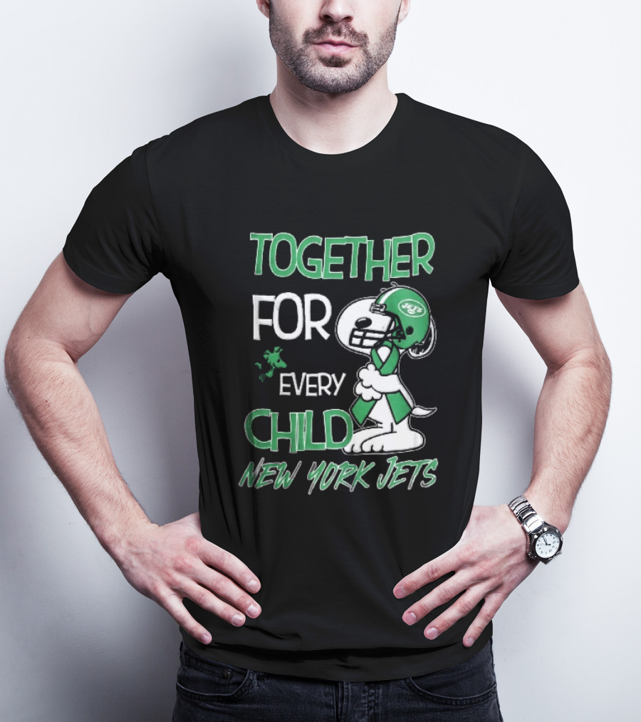 New York Jets Snoopy Woodstock Together For Every Child Football Helmet Green Ribbon T-Shirt