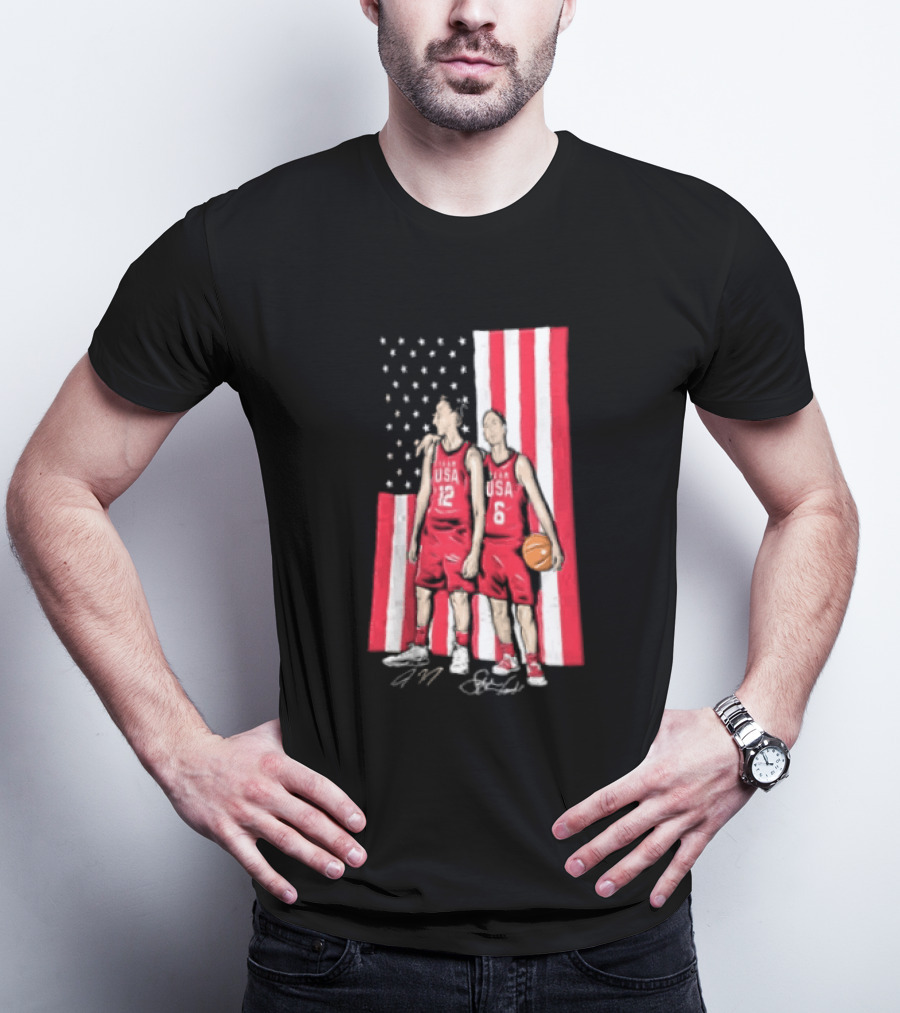 Sue Bird Diana Taurasi USA Basketball American Flag Signatures T-Shirt