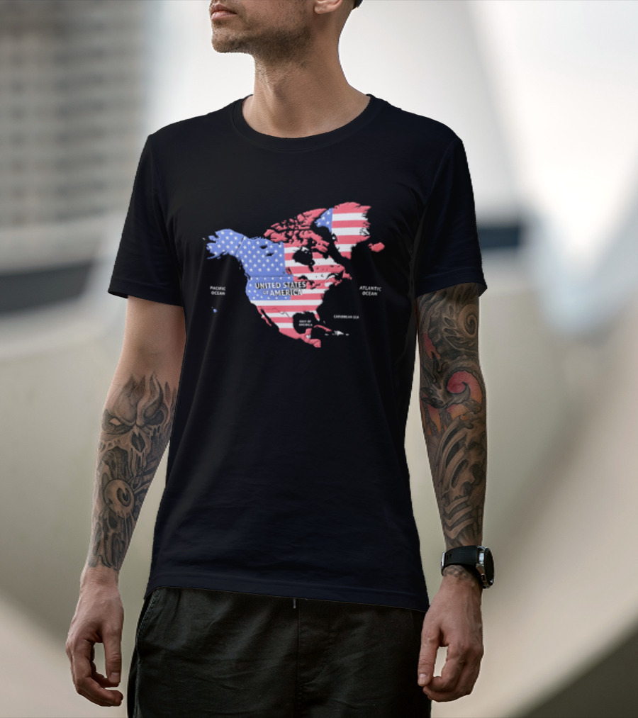 United States American Flag Map Of North America Featuring USA Canada Mexico Greenland T-Shirt