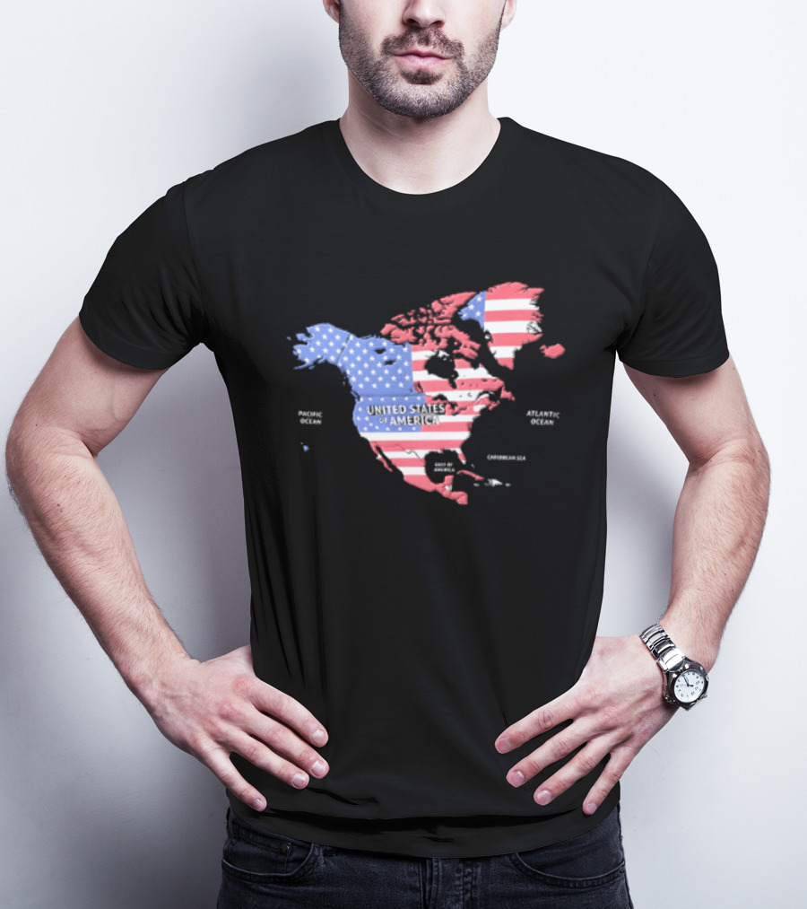 United States American Flag Map Of North America Featuring USA Canada Mexico Greenland T-Shirt
