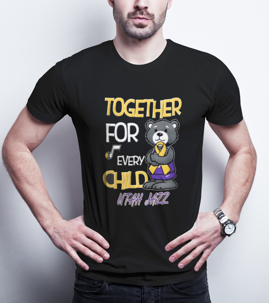 Utah Jazz Together For Every Child Cartoon Bear Gold Ribbon Purple Uniform T-Shirt