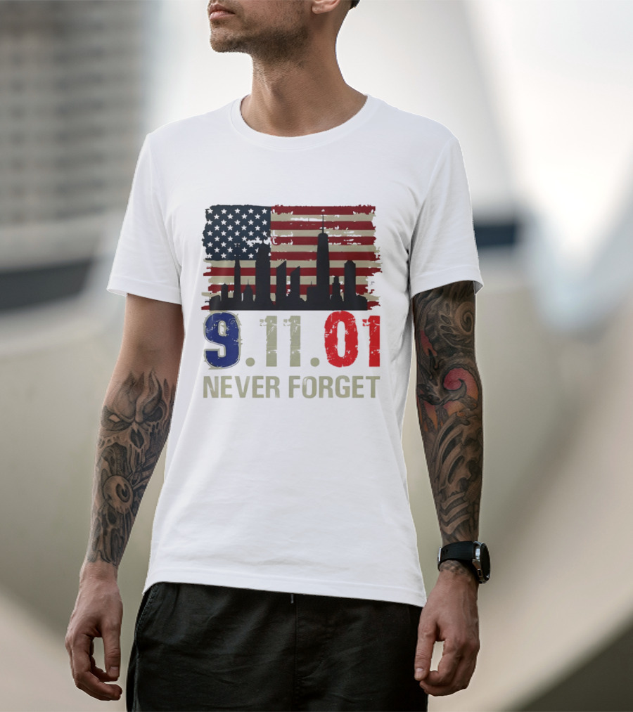 9.11.01 Never Forget American Flag Skyline Memorial Patriot 9 11 T-Shirt