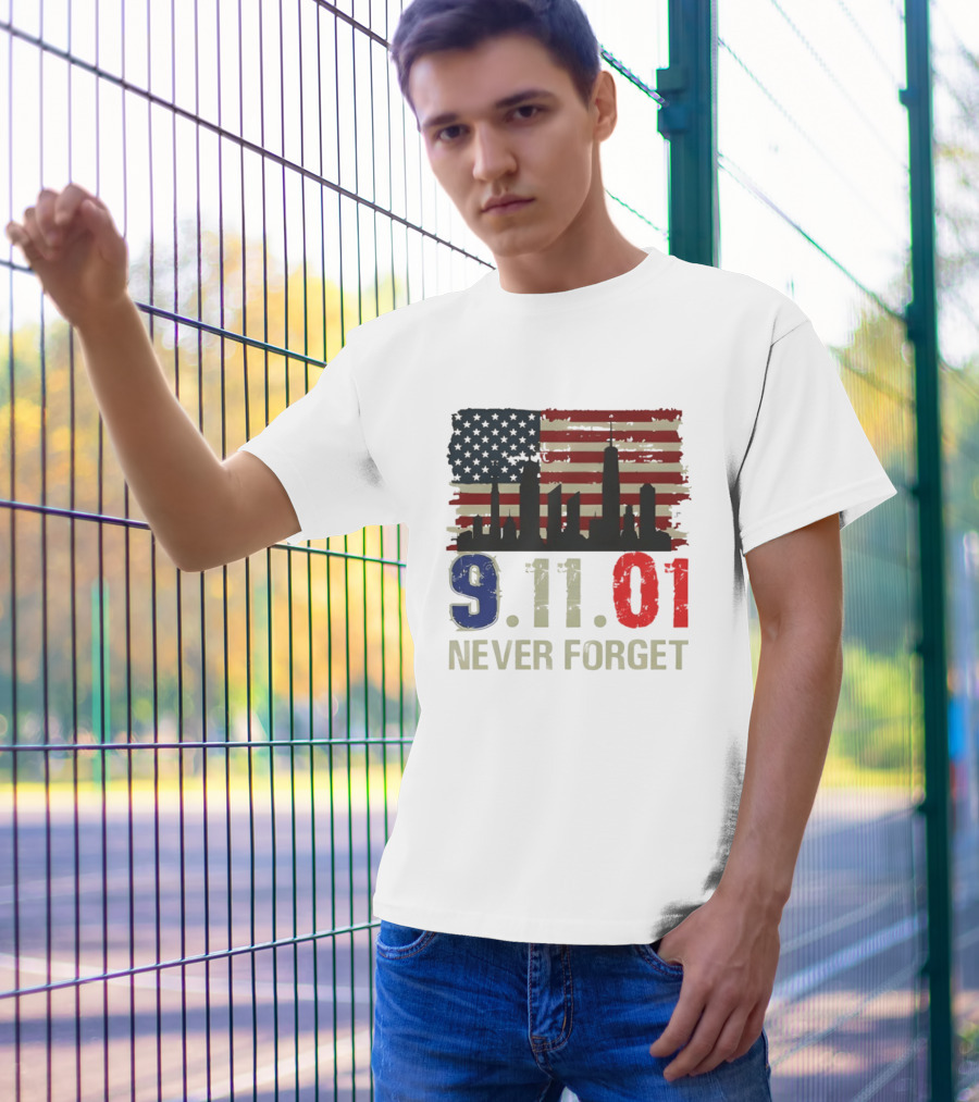 9.11.01 Never Forget American Flag Skyline Memorial Patriot 9 11 T-Shirt