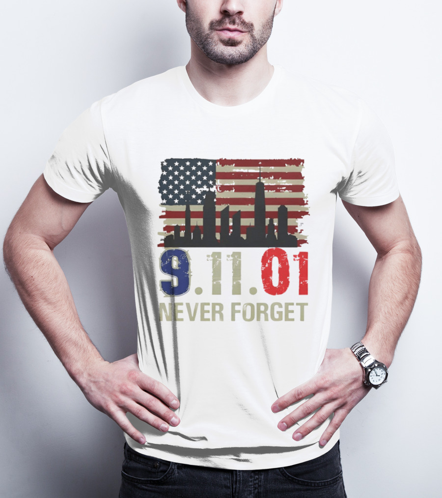 9.11.01 Never Forget American Flag Skyline Memorial Patriot 9 11 T-Shirt
