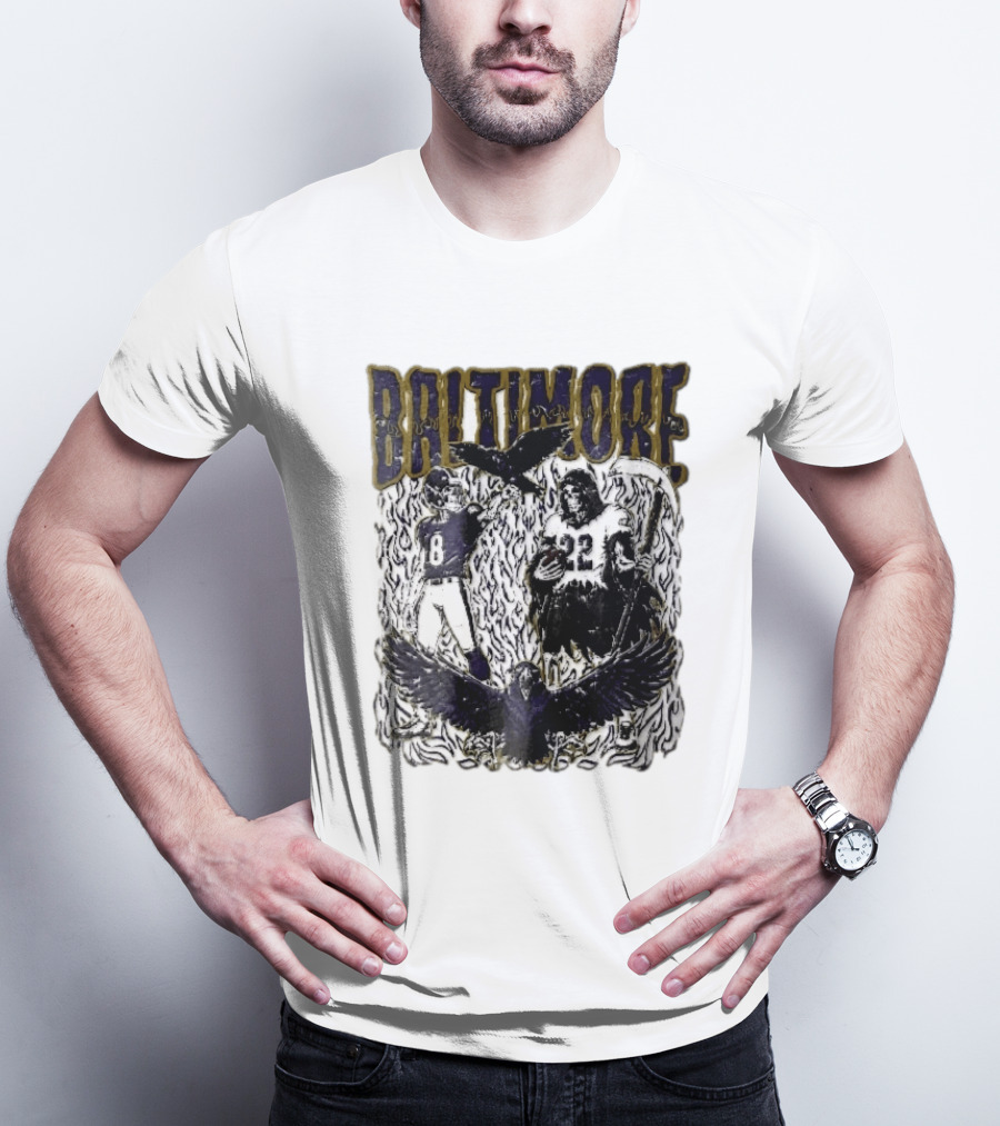 Baltimore Ravens Skeleton Grim Reaper Scythe Purple Flames Football Players Ravens T-Shirt