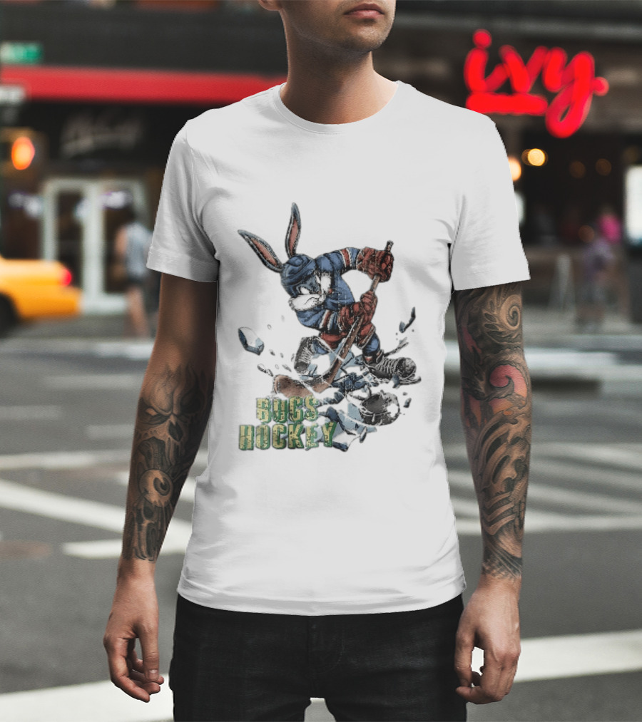 Bugs Hockey Cartoon Bunny Cracking Ice Puck Shot Distressed T-Shirt