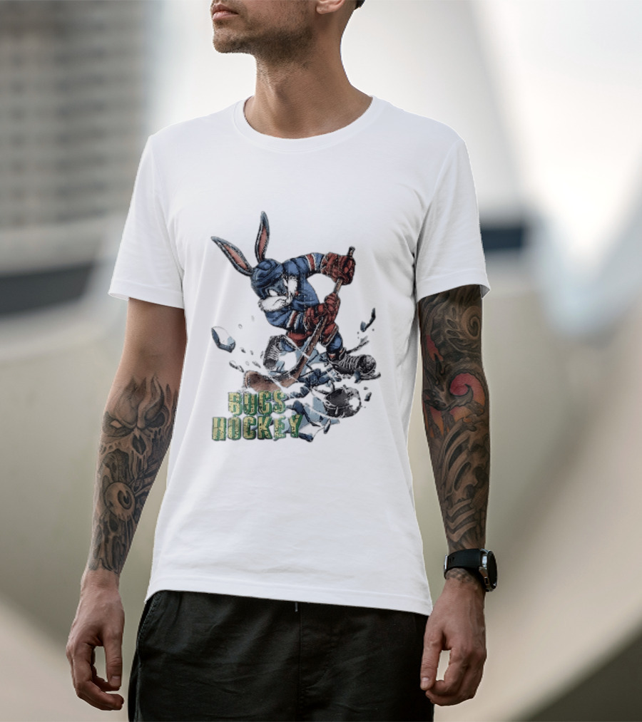 Bugs Hockey Cartoon Bunny Cracking Ice Puck Shot Distressed T-Shirt