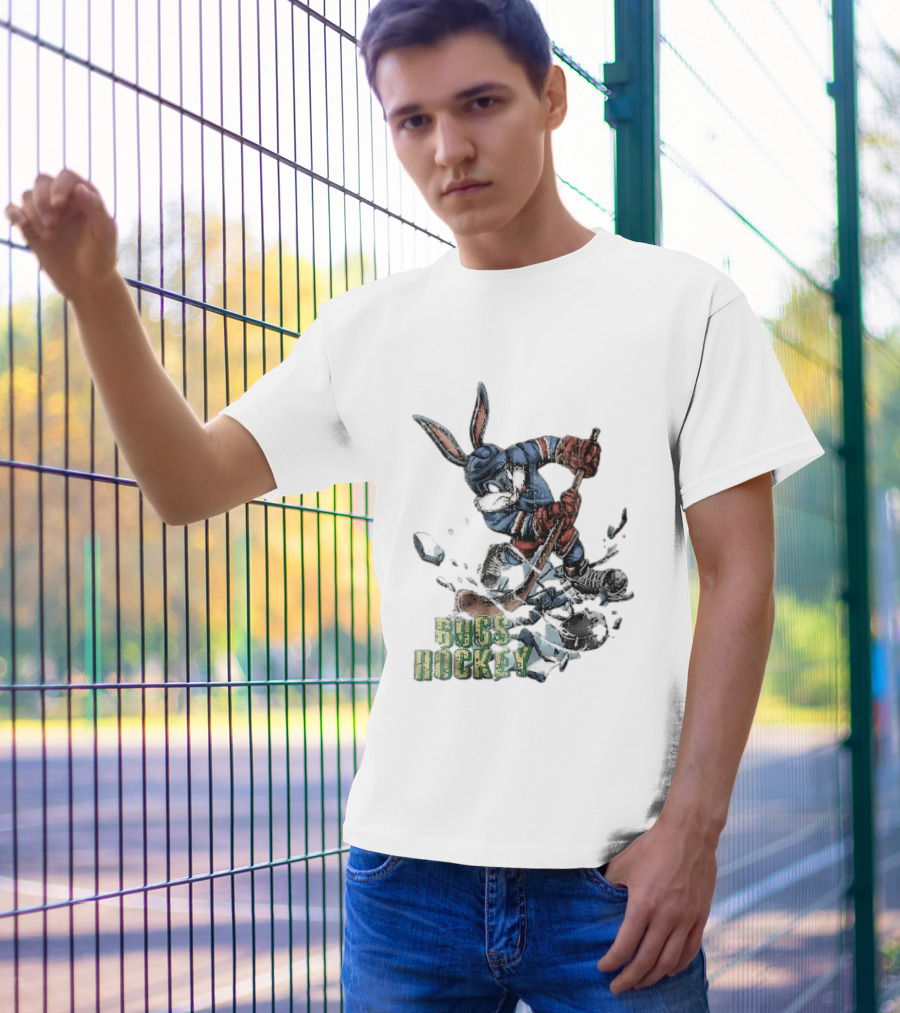 Bugs Hockey Cartoon Bunny Cracking Ice Puck Shot Distressed T-Shirt