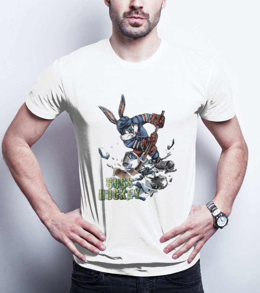 Bugs Hockey Cartoon Bunny Cracking Ice Puck Shot Distressed T-Shirt