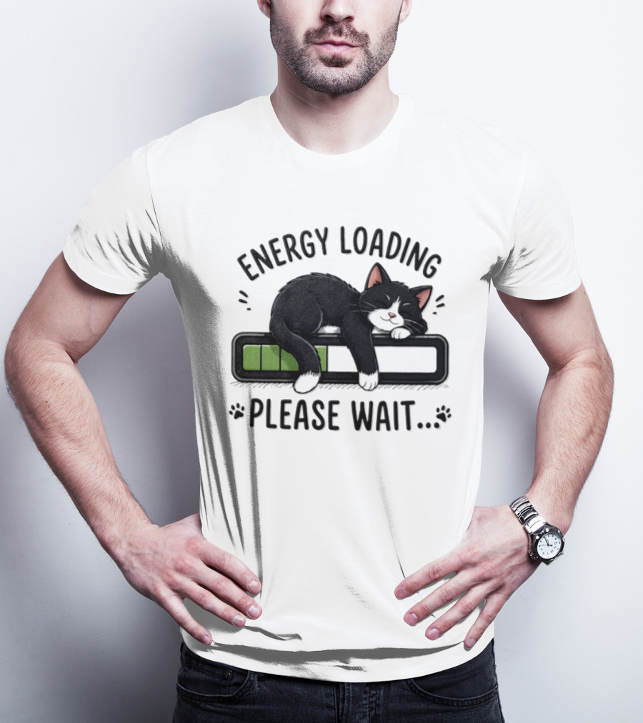 Cat Energy Loading Please Wait Sleeping Black Cat Battery Charge T-Shirt