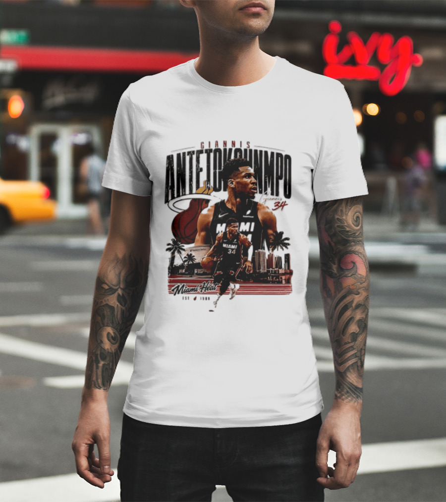 Giannis Antetokounmpo Miami Heat NBA Player Est 1988 Kaseya Center Palms And Cityscape T-Shirt