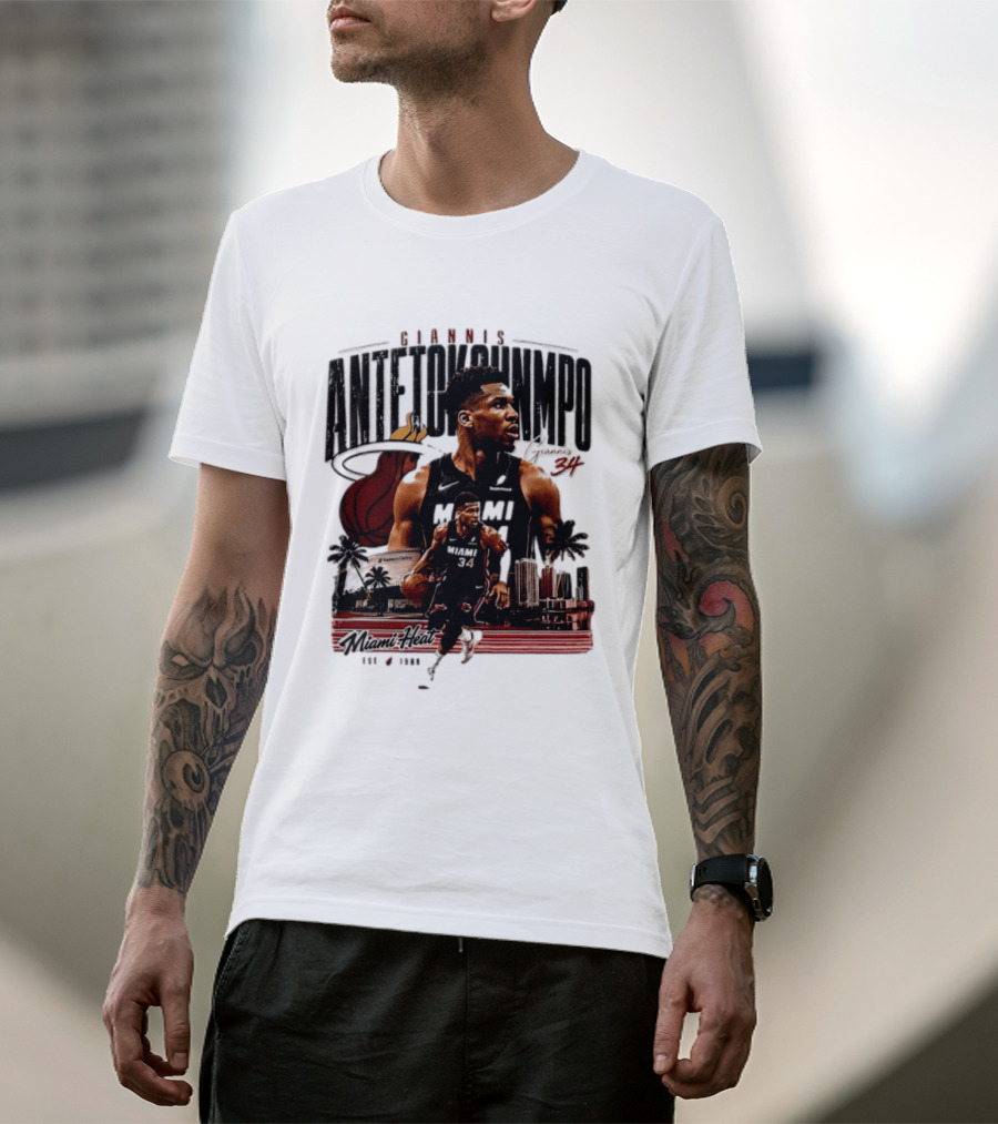 Giannis Antetokounmpo Miami Heat NBA Player Est 1988 Kaseya Center Palms And Cityscape T-Shirt