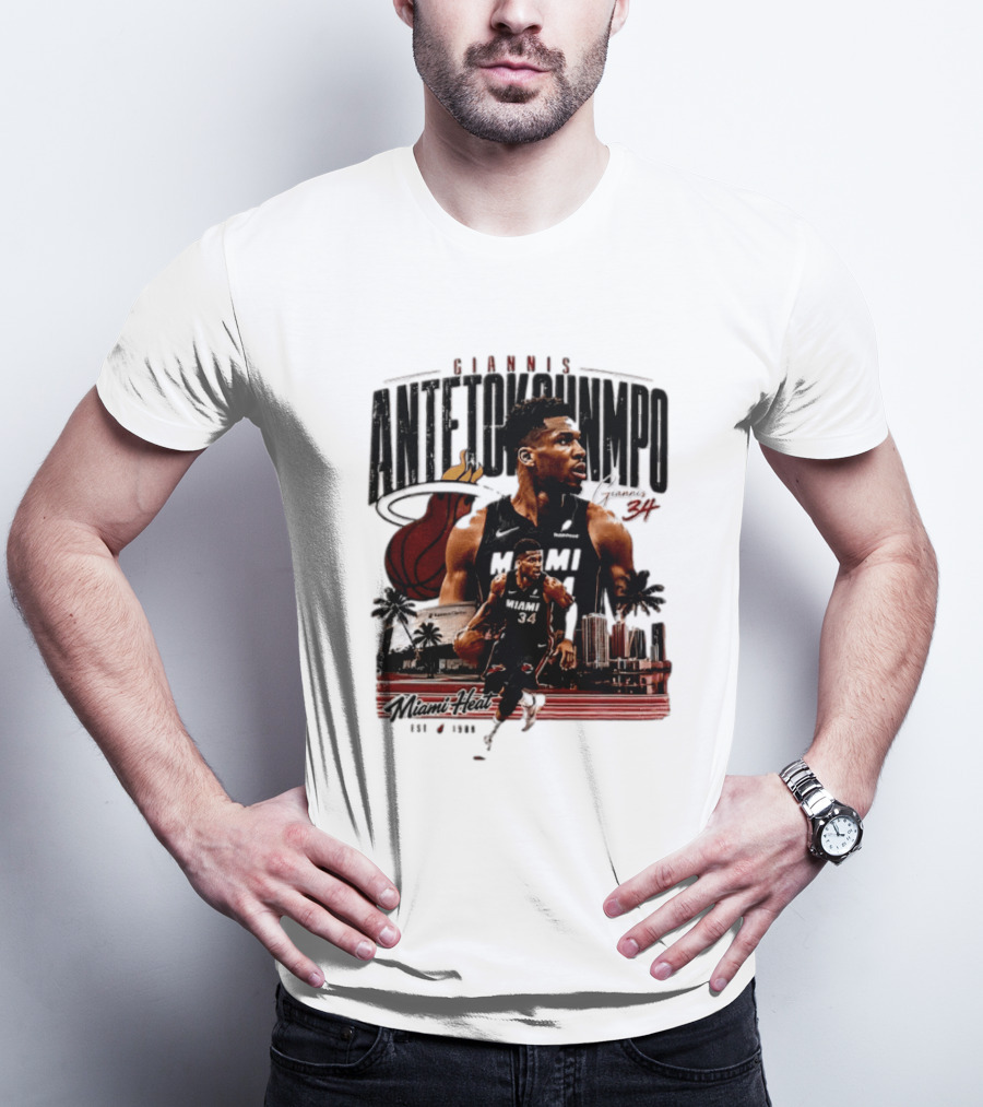 Giannis Antetokounmpo Miami Heat NBA Player Est 1988 Kaseya Center Palms And Cityscape T-Shirt