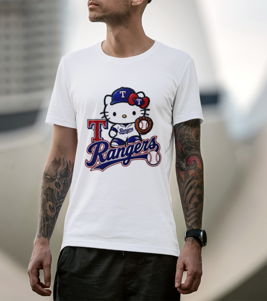 Hello Kitty Texas Rangers Baseball 2026 MLB Rangers Logo With Baseball Glove And Cap T-Shirt