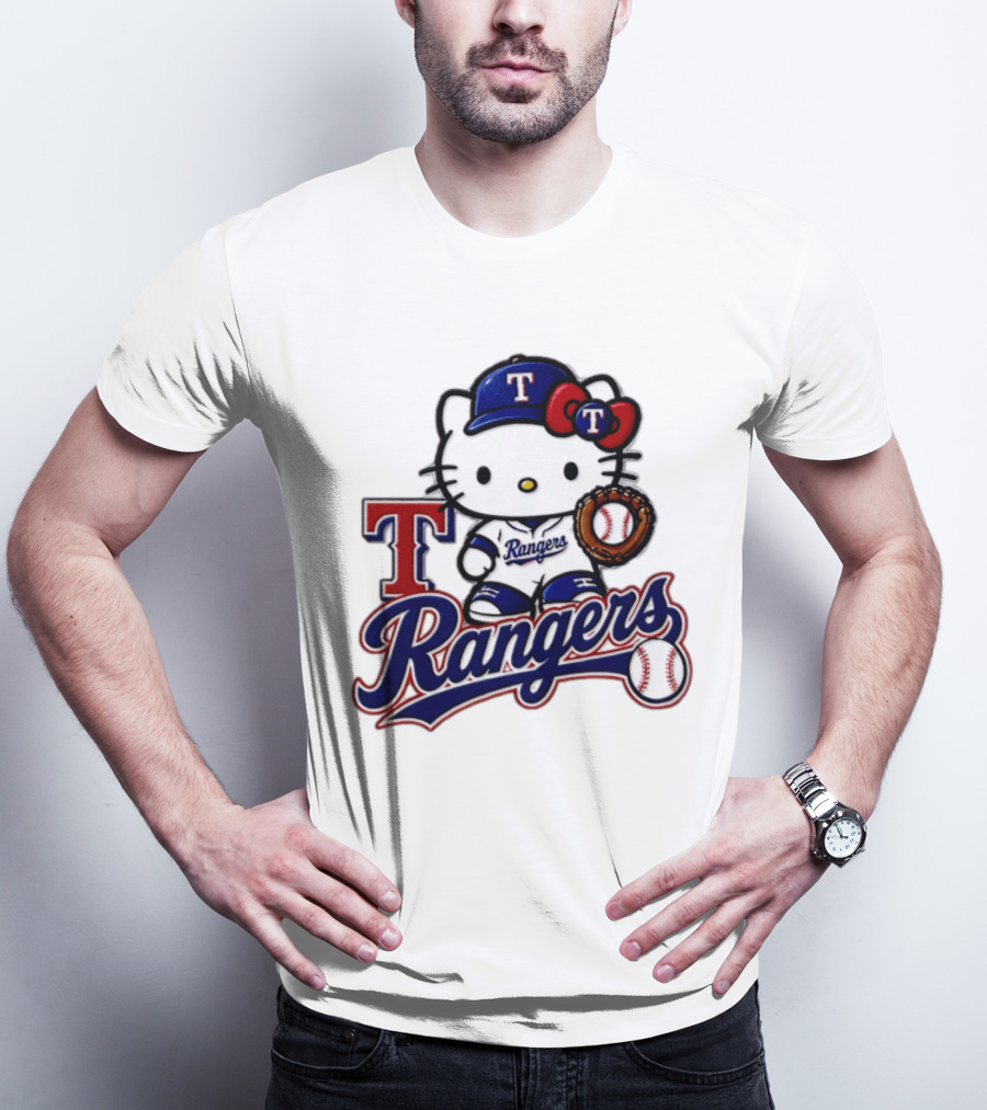 Hello Kitty Texas Rangers Baseball 2026 MLB Rangers Logo With Baseball Glove And Cap T-Shirt