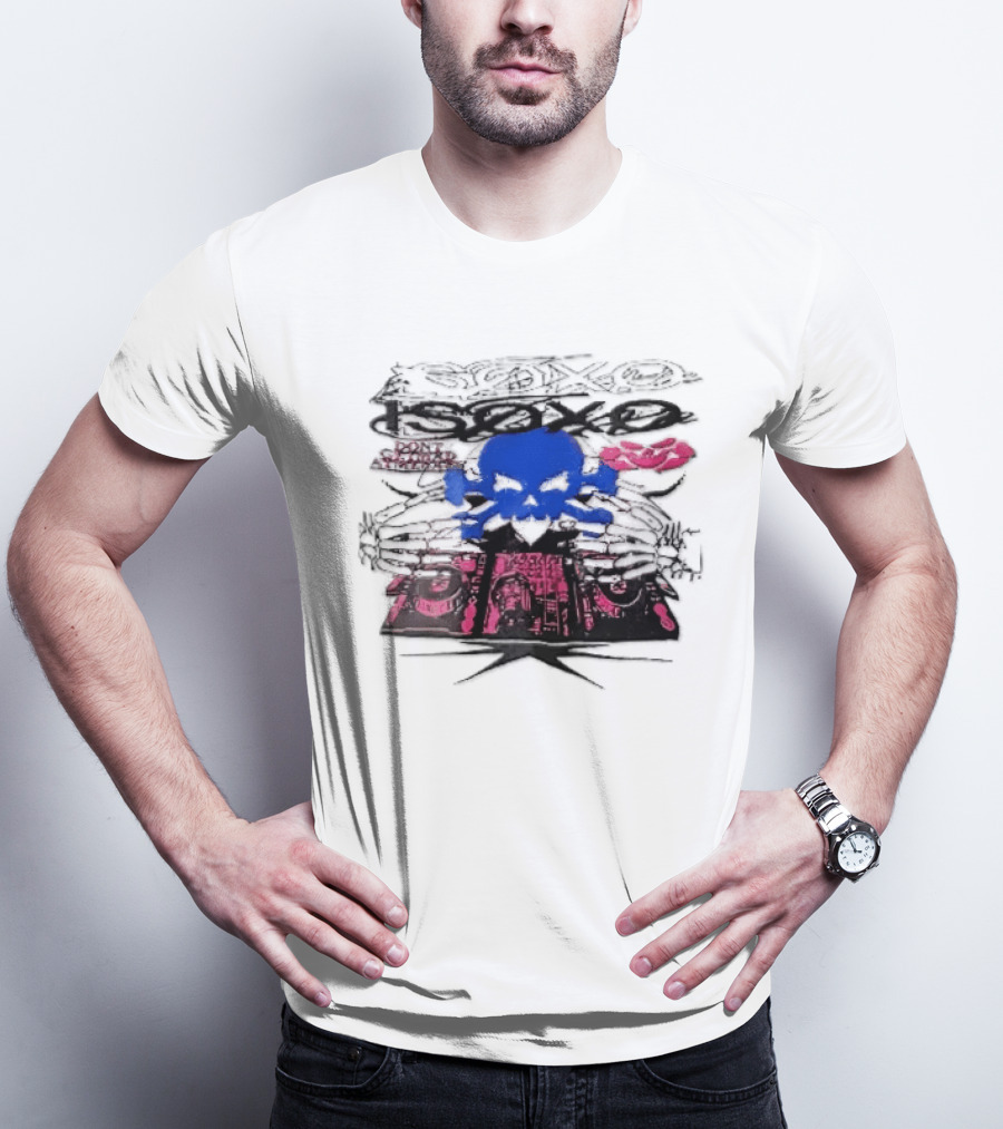 Isoxo Dont Get Mad Aim Back Blue Skull Skeleton Hands Dj Turntables T-Shirt