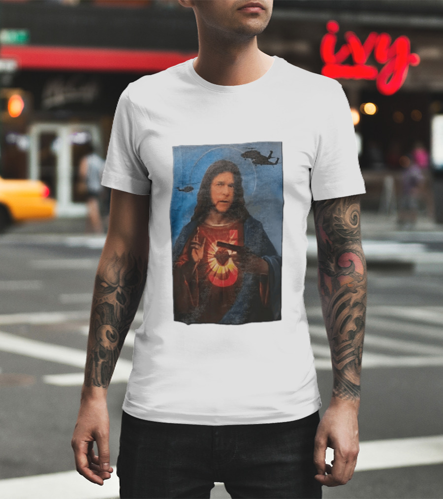 Jesus With Handgun And Military Helicopters Halo T-Shirt