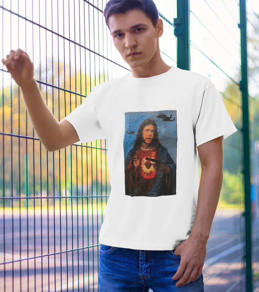 Jesus With Handgun And Military Helicopters Halo T-Shirt