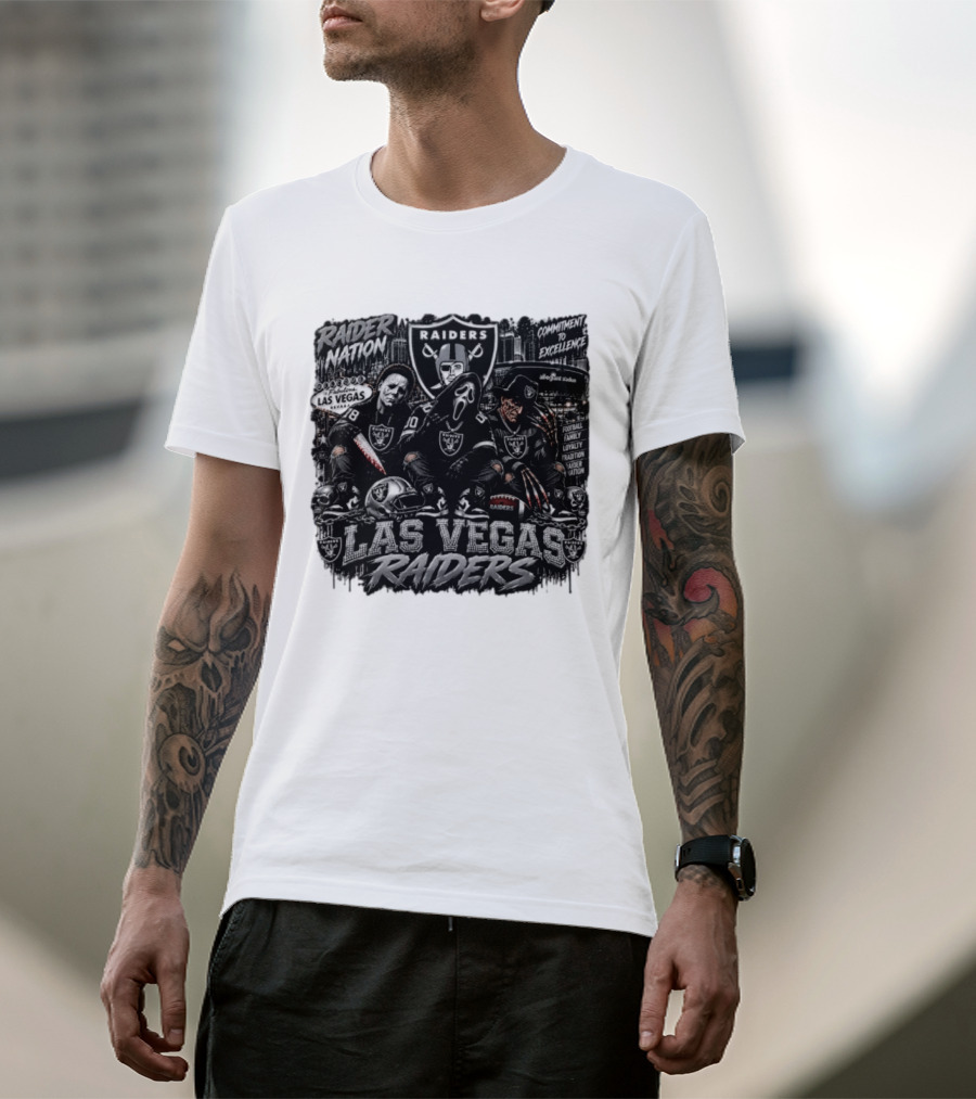 Raider Nation Las Vegas Raiders Michael Myers Ghostface Freddy Krueger Commitment To Excellence Halloween Allegiant Stadium T-Shirt