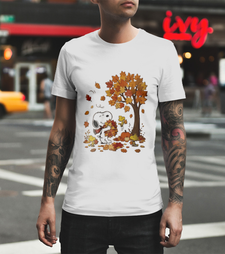 Snoopy Woodstock Autumn Leaves Pumpkin Fall Season Vibes T-Shirt