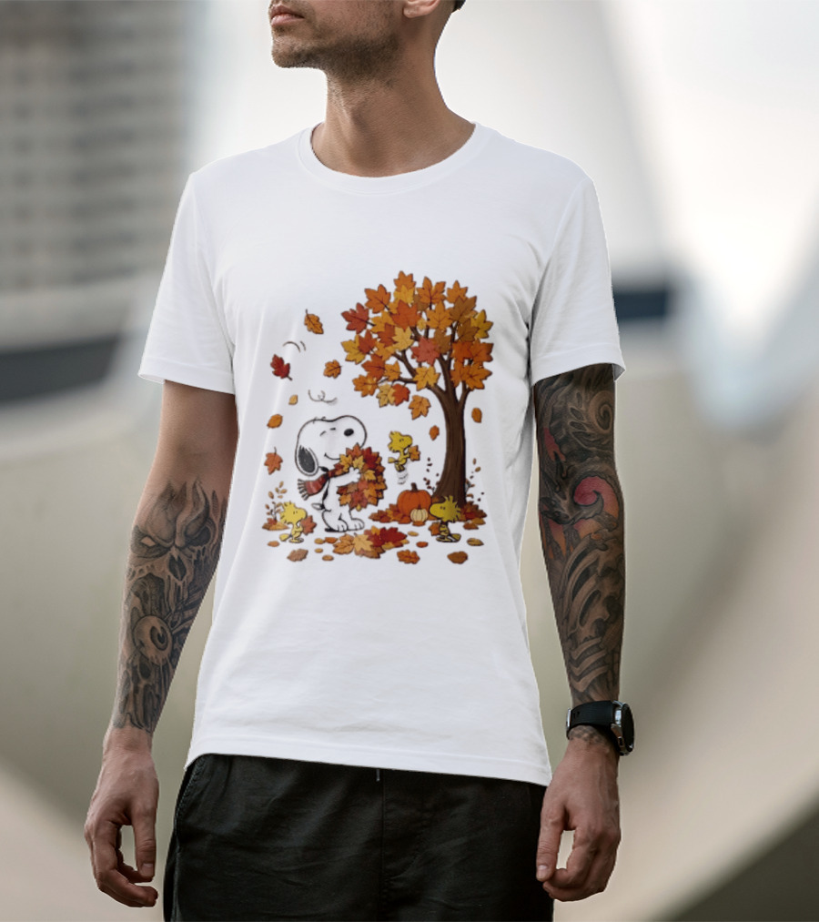 Snoopy Woodstock Autumn Leaves Pumpkin Fall Season Vibes T-Shirt