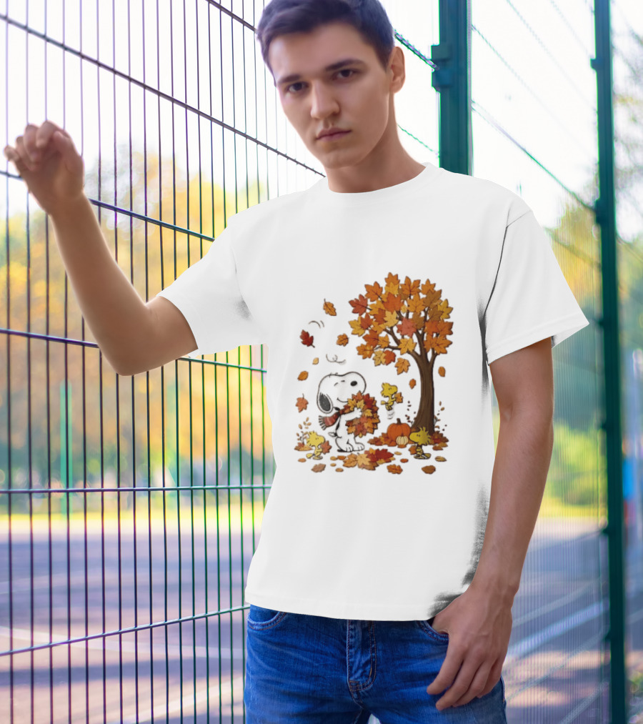 Snoopy Woodstock Autumn Leaves Pumpkin Fall Season Vibes T-Shirt