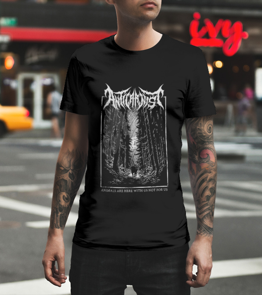 Anticarnist Horned Bull Walking Forest Path Moonlight Line Animals Are Here With Us Not For T-Shirt