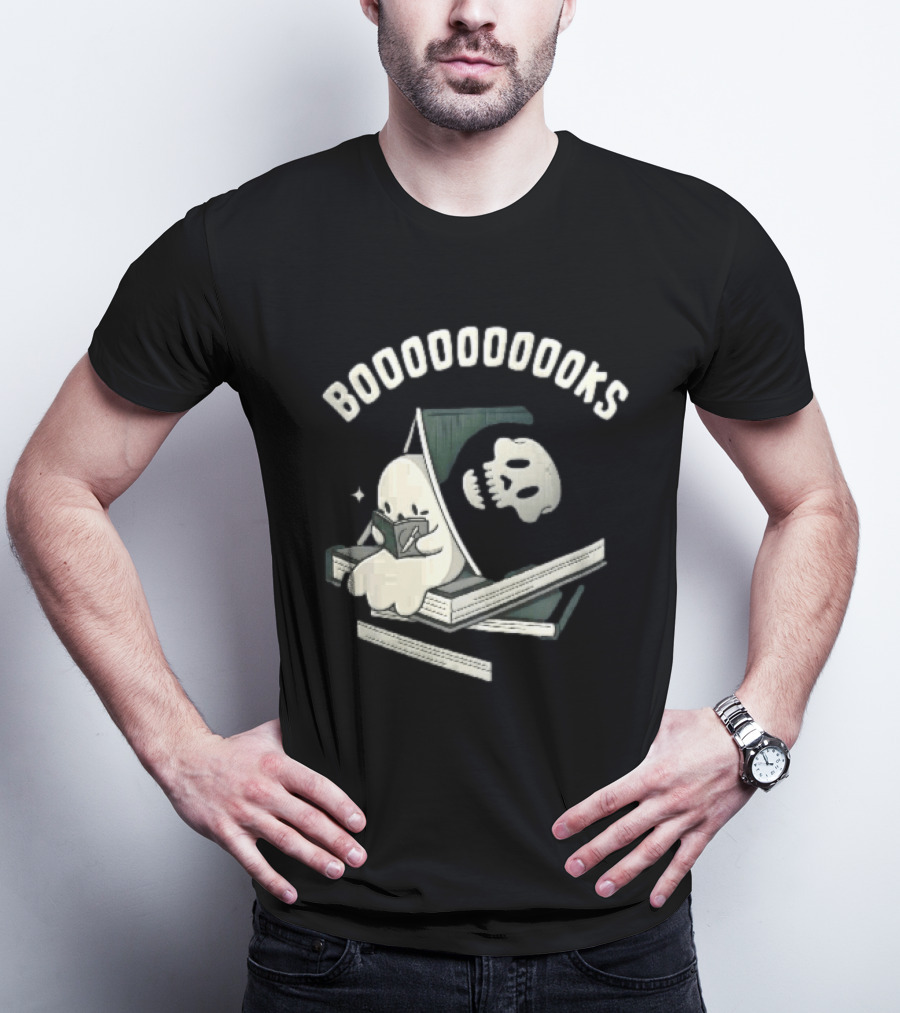 Boooooooooks Cartoon Ghost Reading Novel With Skeleton Specter T-Shirt