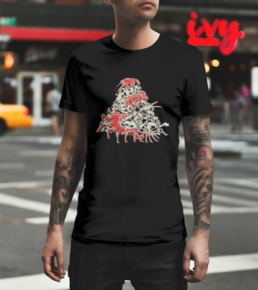 Giant Red Centipede Cyan Crawling Pile Of Skulls T-Shirt