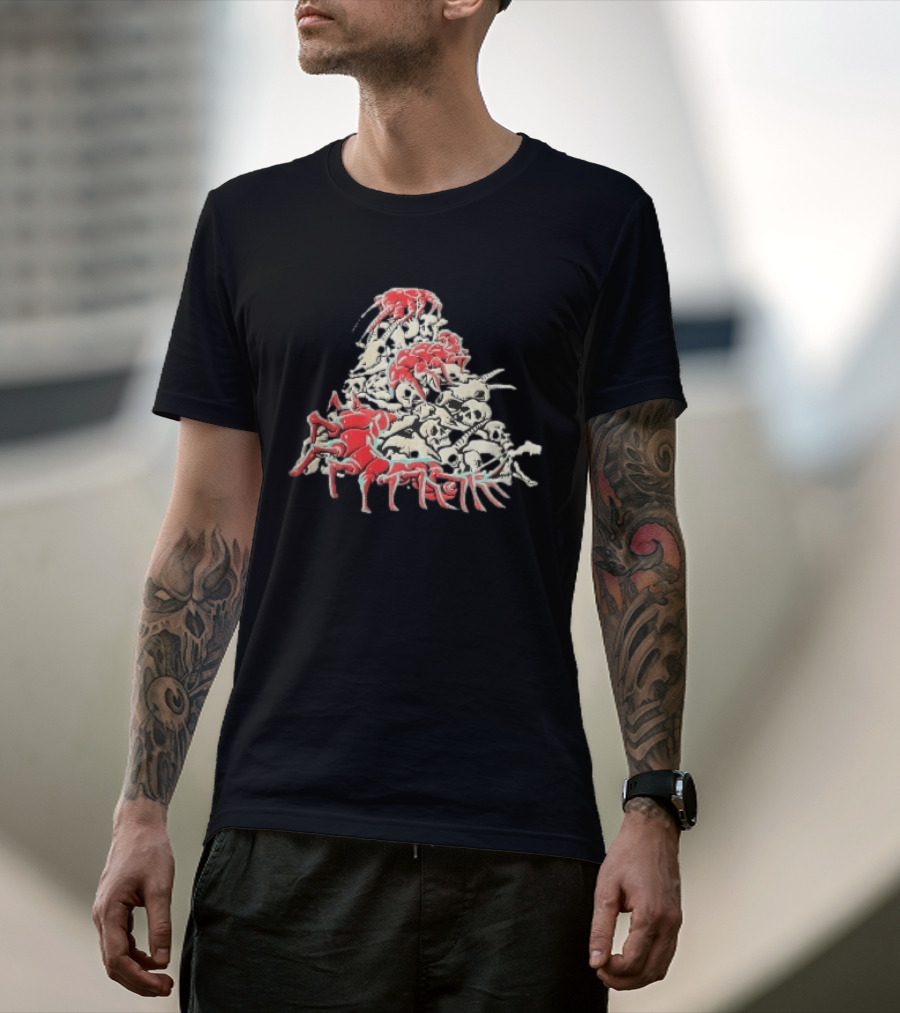 Giant Red Centipede Cyan Crawling Pile Of Skulls T-Shirt