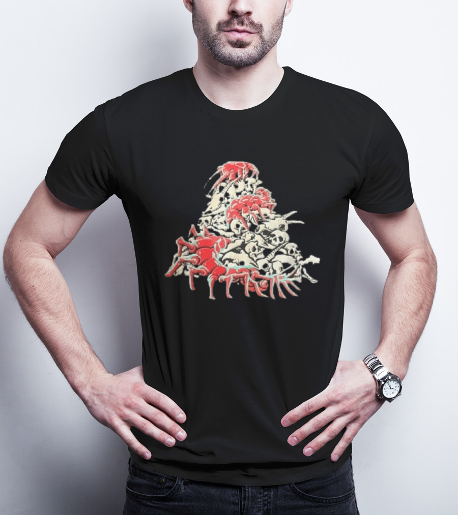 Giant Red Centipede Cyan Crawling Pile Of Skulls T-Shirt