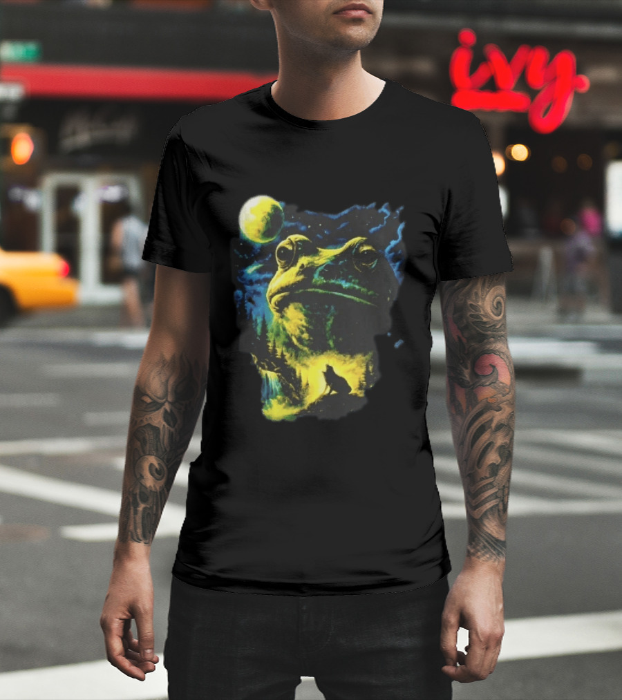 Giant Toad Glowing Moon Howling Waterfall Forest Mystic Scene T-Shirt