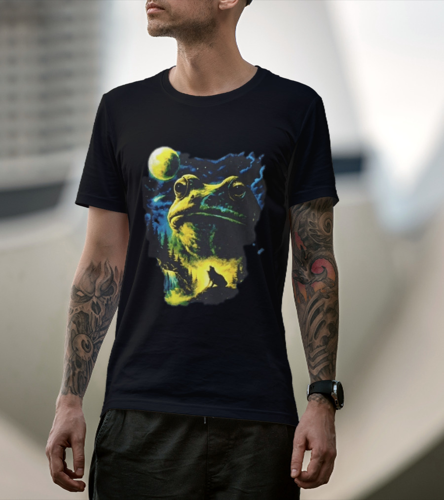 Giant Toad Glowing Moon Howling Waterfall Forest Mystic Scene T-Shirt