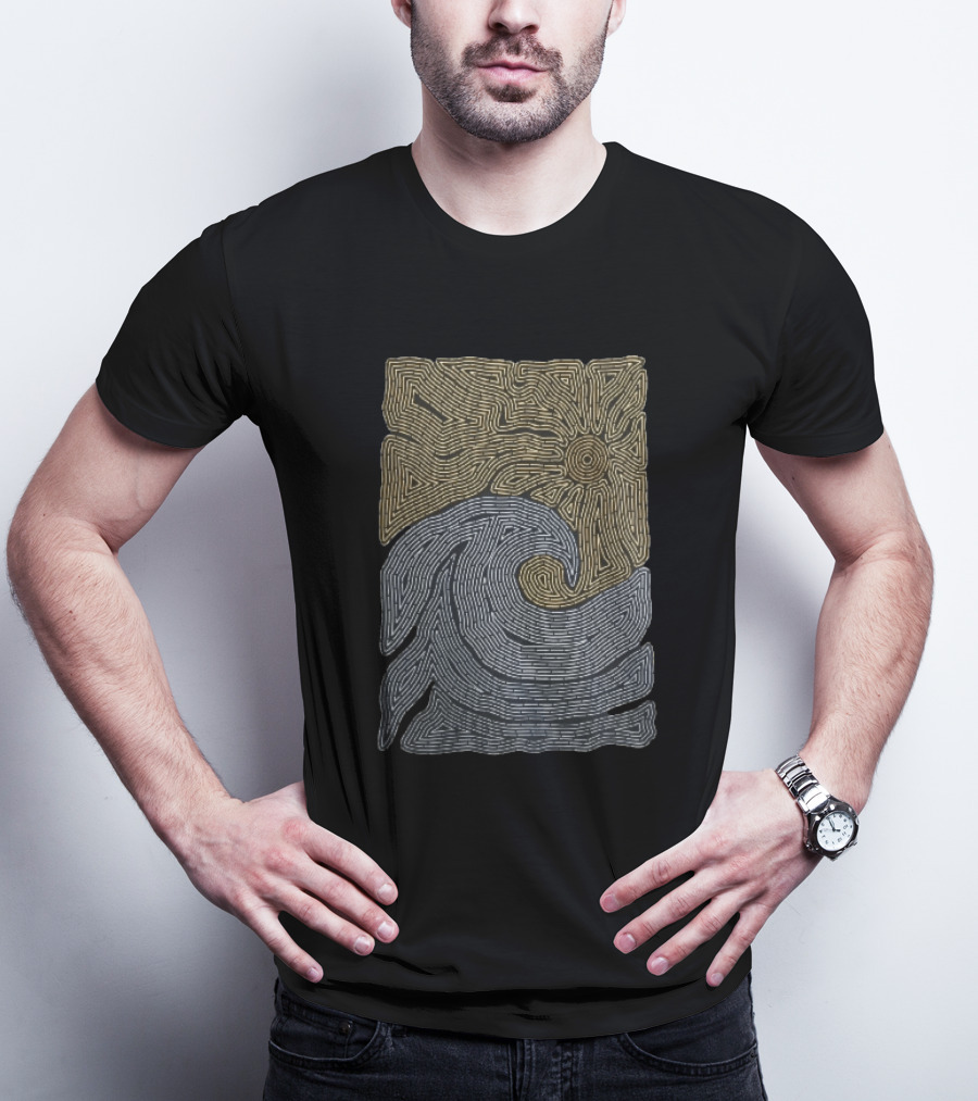 Golden Sun Over Crashing Blue Ocean Wave Line Maze T-Shirt