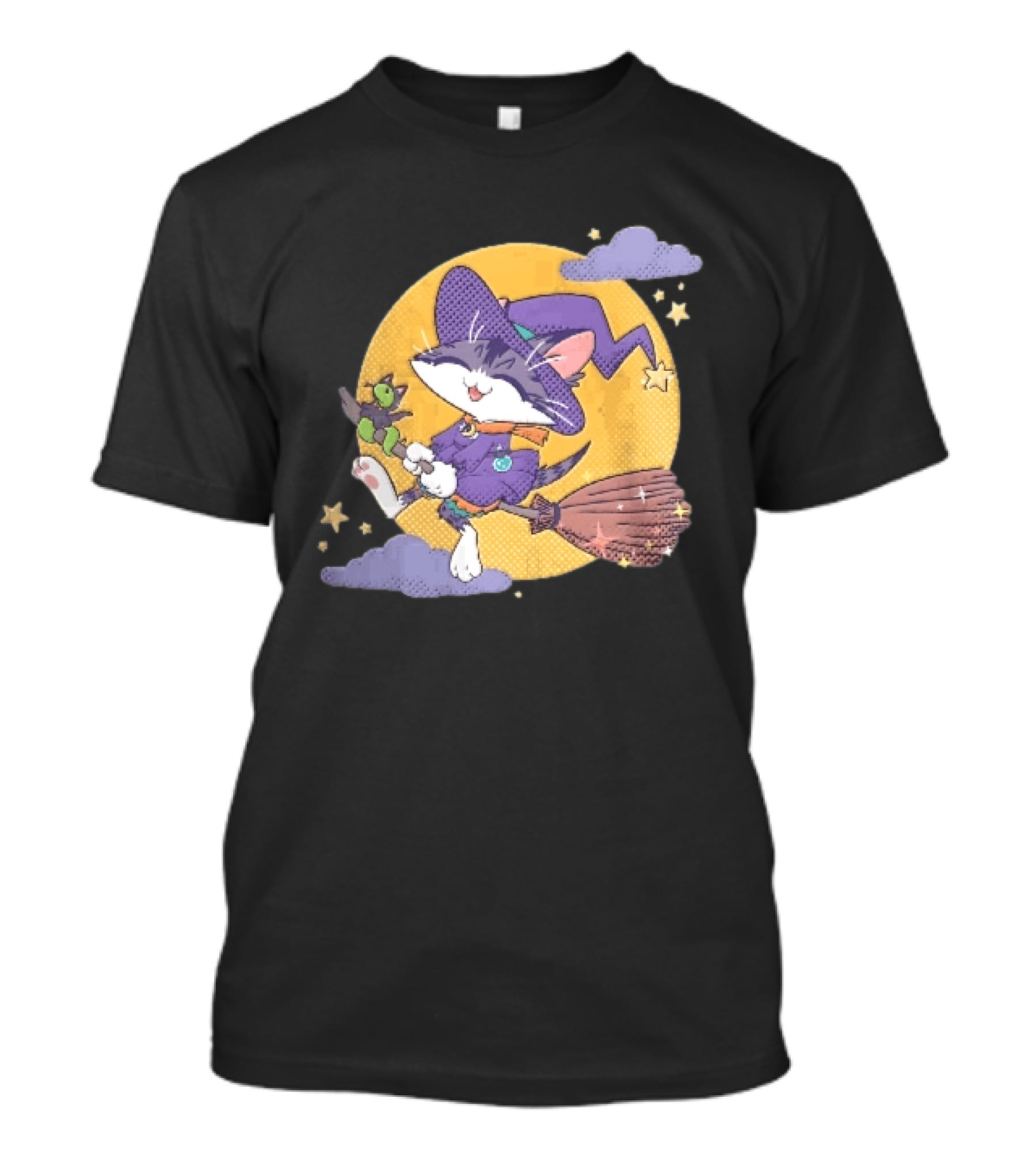 Halftone Cartoon Cat Witch Flying On Broomstick With Moon And Stars T-Shirt