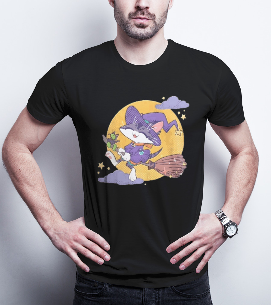 Halftone Cartoon Cat Witch Flying On Broomstick With Moon And Stars T-Shirt