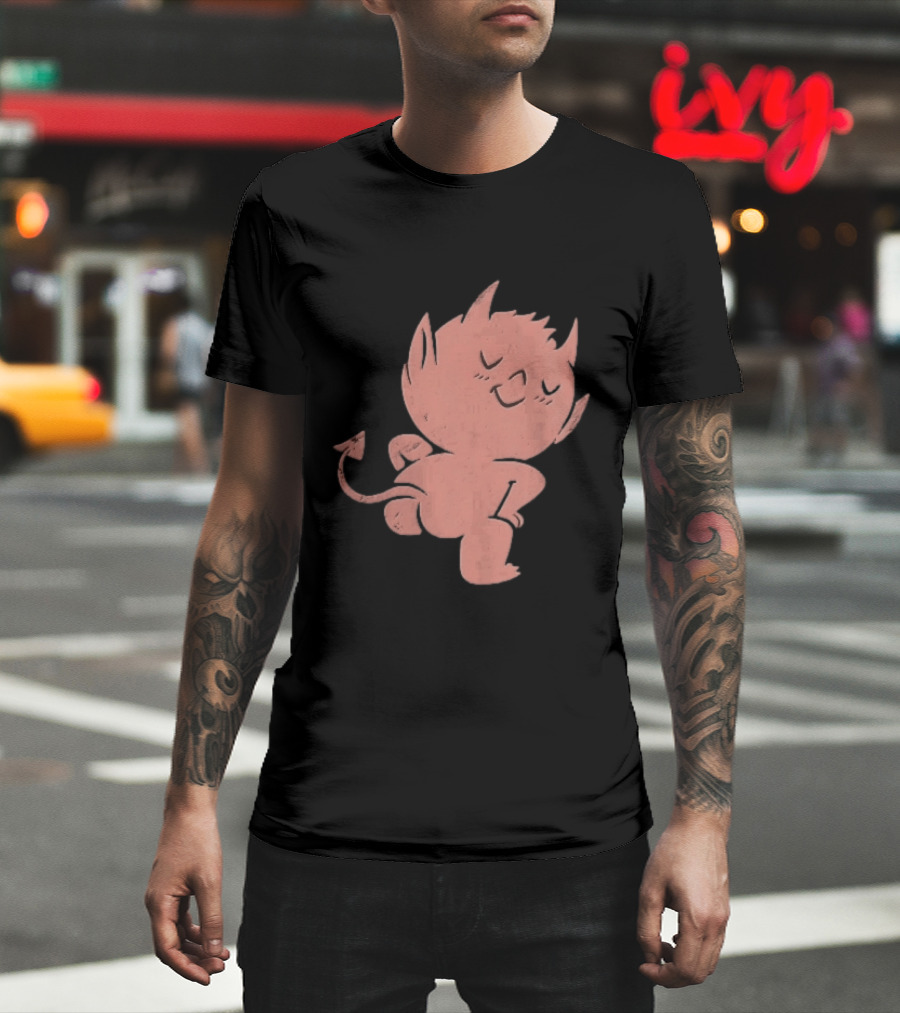 Mischievous Little Red Devil Cartoon Mooning With Distressed Texture T-Shirt