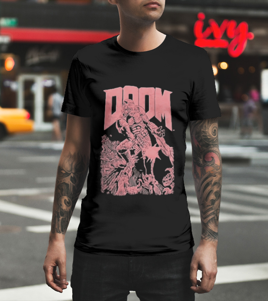 Doom Space Marine Battling Hell Demons Pink Sketch T-Shirt