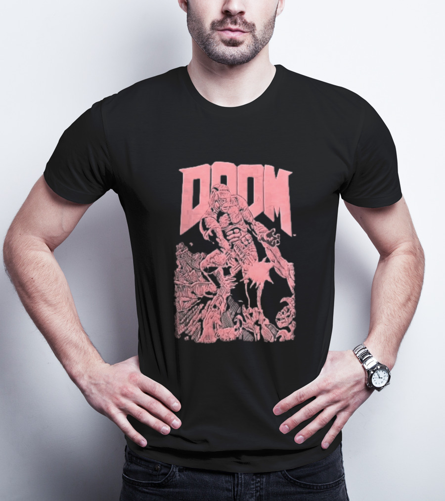 Doom Space Marine Battling Hell Demons Pink Sketch T-Shirt