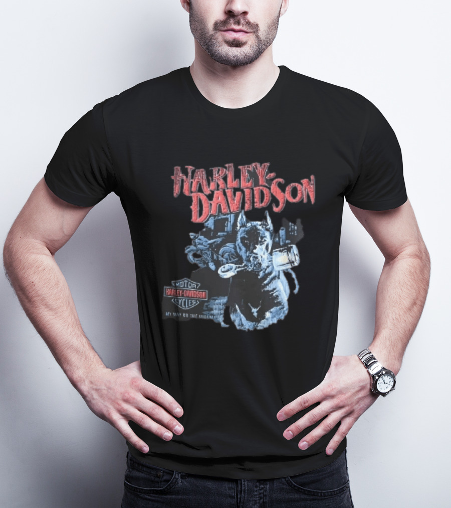 Harley Davidson My Way Or The Highway Dog Holding Piston Cycles T-Shirt