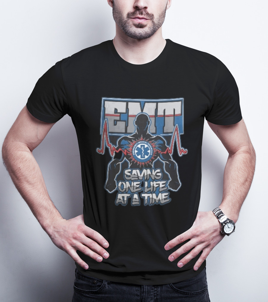 EMT Emergency Medical Technician Saving One Life At A Time With Muscular Silhouette And EKG Pulse T-Shirt