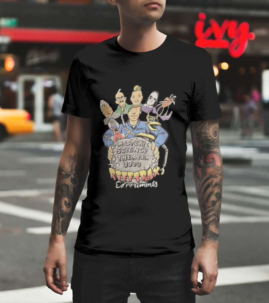 Mystery Science Theater 3000 Rifftrax Experiments Nelson Cartoon Caricature Host Robots Moon Rock T-Shirt